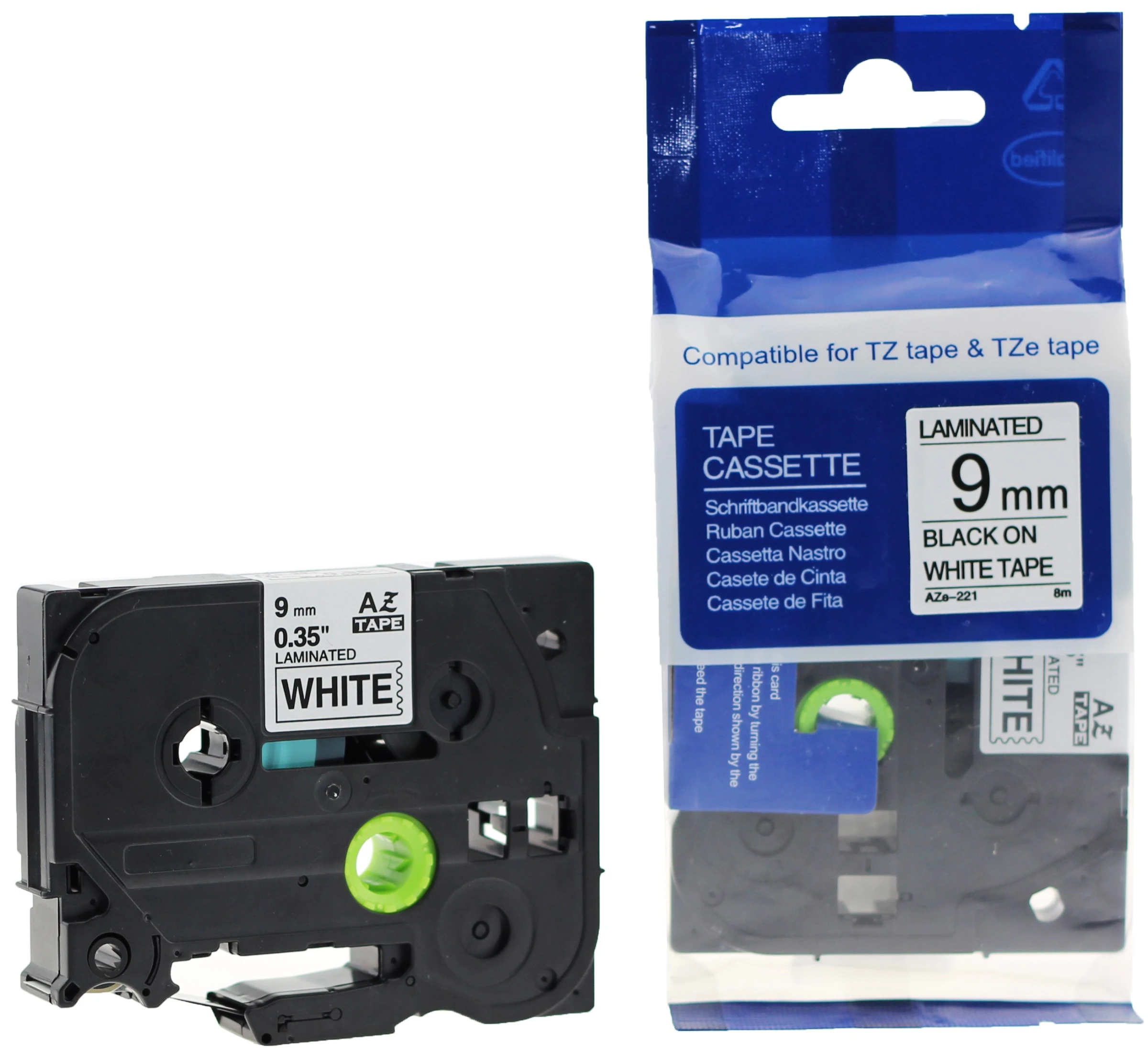 Yaha P-touch Tape Sort På Hvit 9mm (8m), Erstatter Brother Tze-221